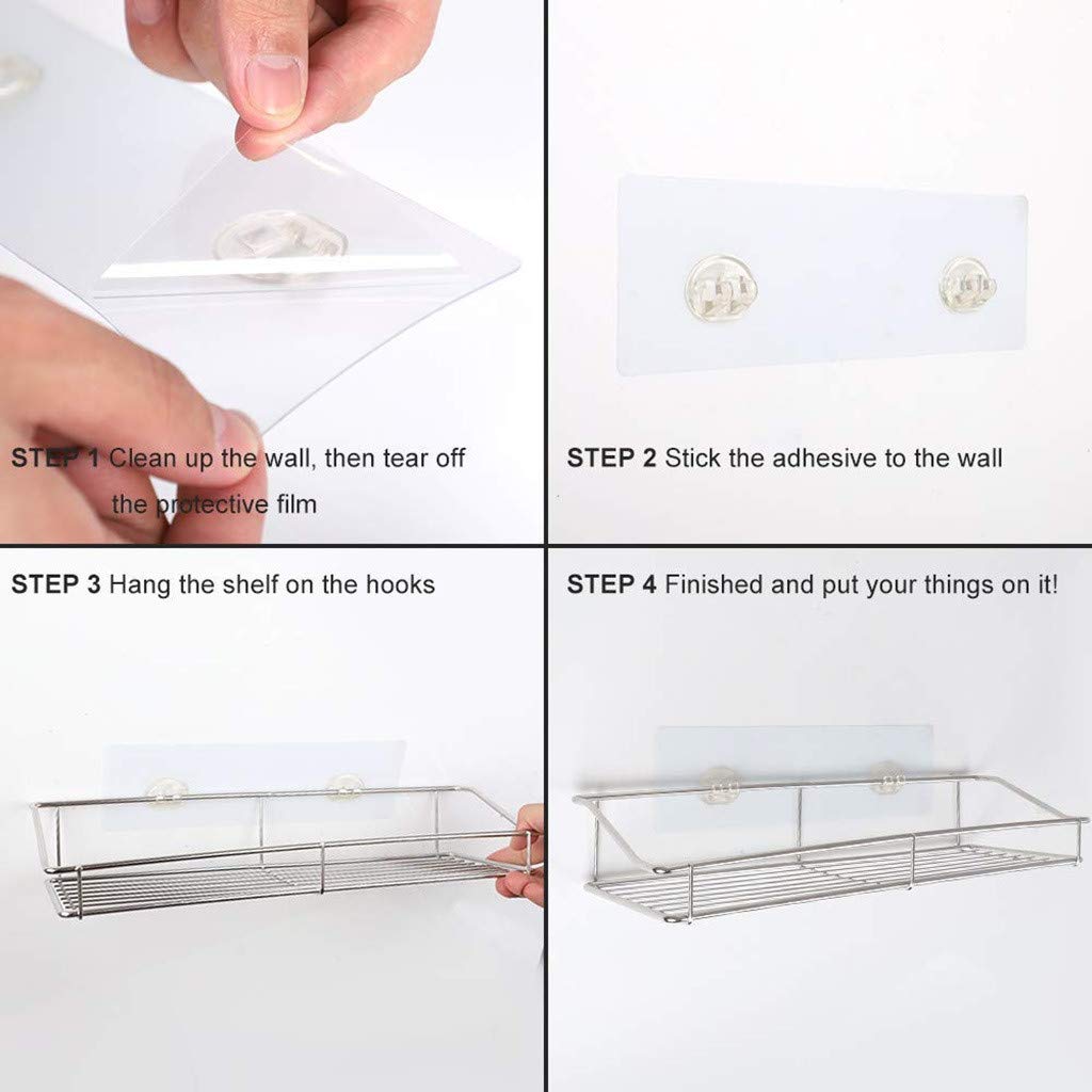 Toxz Stainless Steel Storage Rack Kitchen Bathroom Shelf Storage Wall Shelf Organizer with Adhesives,3 Removable Hooks,35×12.5×6cm(Ship from US!)