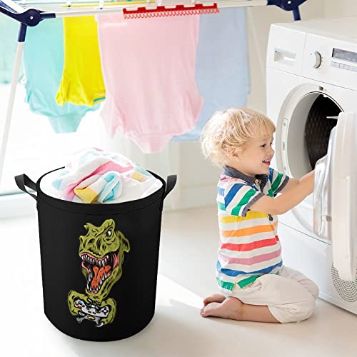 Dinosaur Gamer Which Play Game Laundry Basket Round Collapsible Storage Bin with Drawstring and Handle for Bedroom Bathroom Toys Room 17.3" X 13.8"