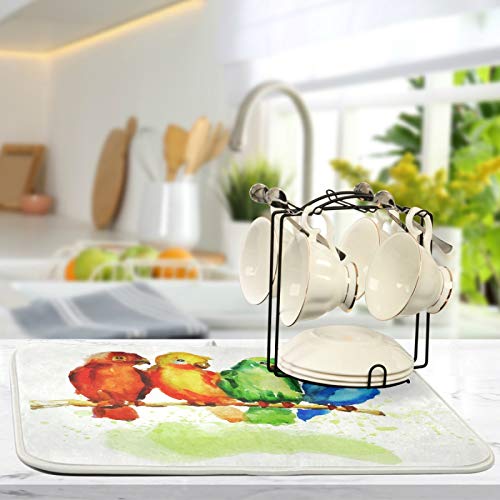 Watercolour Parrot Bird Tree Dish Drying Mat 24"x18" Absorbent Machine Washable Hanging Fast Dry Pad Dish Protective Mat for Kitchen Countertop Heat Resistant Dinner Table Mat