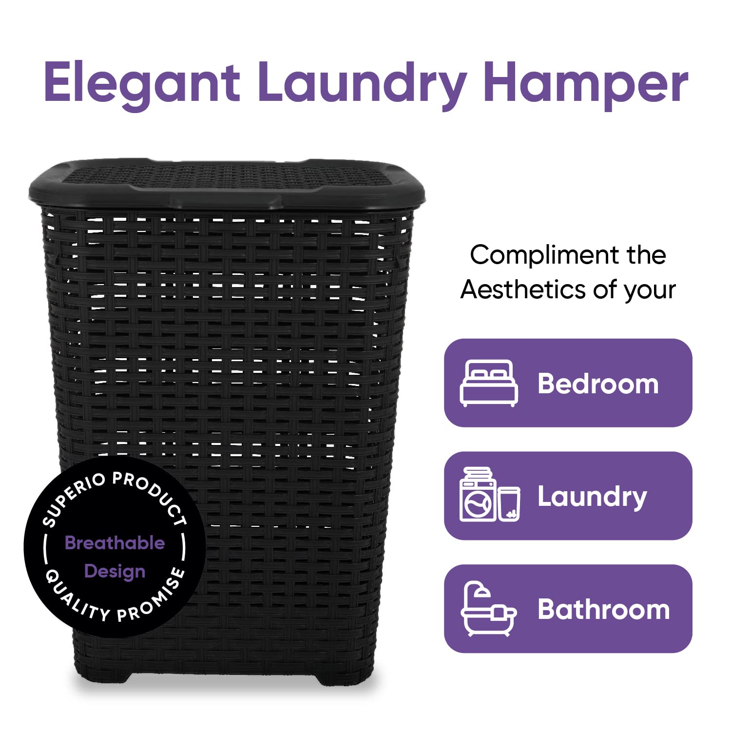 Laundry Hamper Basket With Lid 60 Liter - Deluxe Wicker Style White Color - 1.70 Bushel Bin With Cutout Handles To Storage Dirty Cloths in Washroom Bathroom, Or Bedroom. By Superio