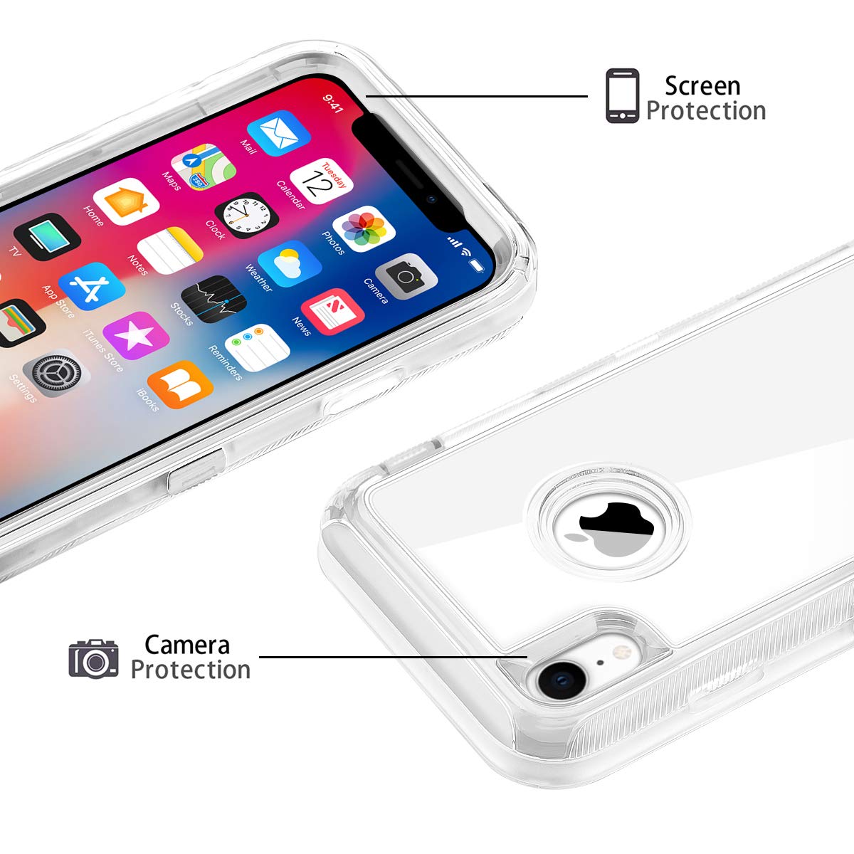 Coolden Hybrid Clear Phone Case for iPhone XR 6.1 Inches, Heavy Duty Protective Dual Layer Shockproof Case with Hard PC Bumper Soft TPU Back for 2018 Release Apple iPhone XR 10R, Transparent