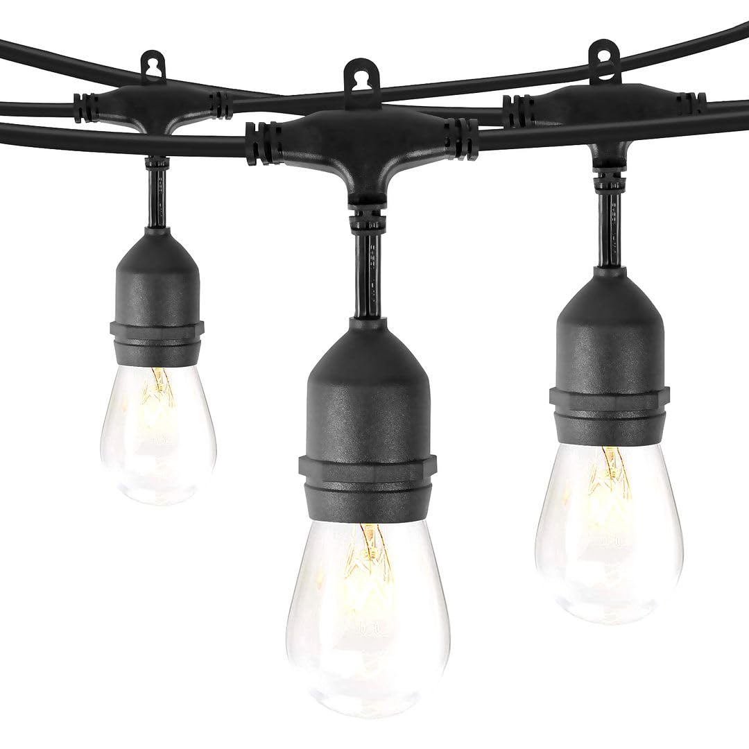 ClearMax 48 Feet Outdoor String Lights with 15 Hanging E26 Bulbs for Porch, Balcony, Backyard, Garden, or Patio Decor, Indoor Decorative Light for Cafe or Bistro Outdoor Lights, Patio Lights, Black