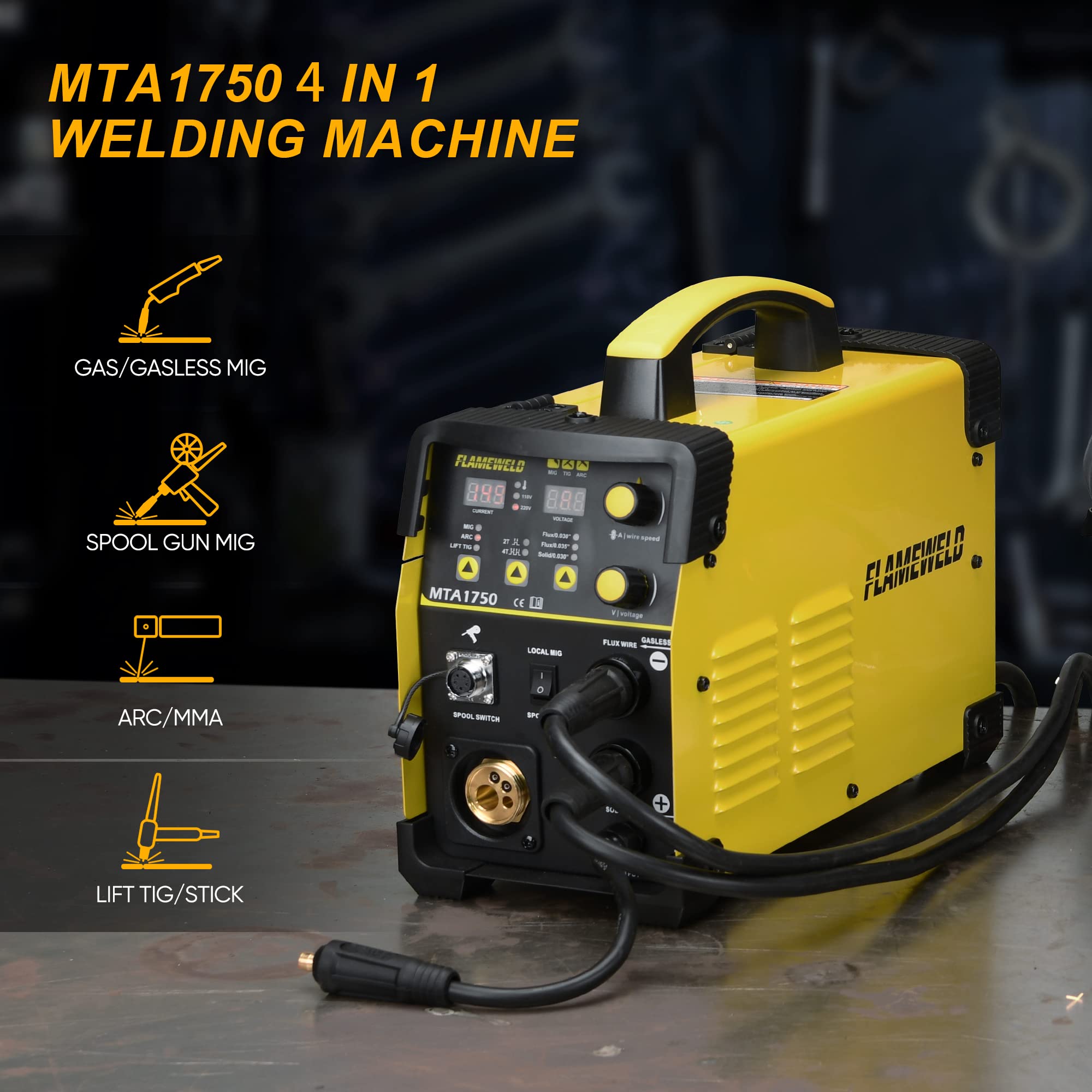 Flameweld Mig Welder Machine - 3 In 1 Gas/Gasless MIG, Spool Gun MIG, Lift TIG/Stick Welding Machine, 110/220V Dual Voltage, 175A MIG Welding Machine