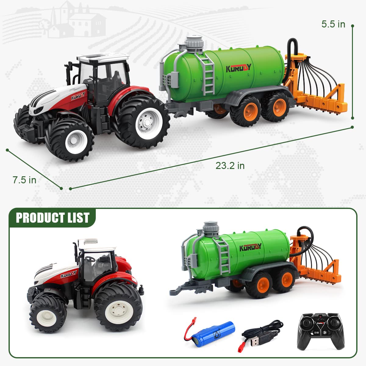 fisca RC Tractor Remote Control Farm Truck with Spreader, 2.4Ghz 1/24 Scale Electronic Tractor Farm Vehicle Toy with Light for Kids Age 5, 6, 7, 8, 9 and Up Years Old