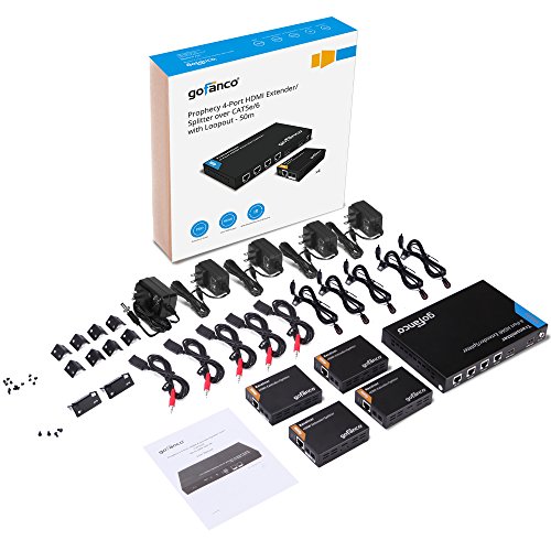 gofanco Prophecy 1080p 1x4 HDMI Extender Splitter Over Cat5e/Cat6/Cat7 Ethernet Cable with HDMI Loopout - Up to 50m/165ft - EDID Management, Bi-Directional IR Control, 1 in 4 Out (HDExt4P-Pro)
