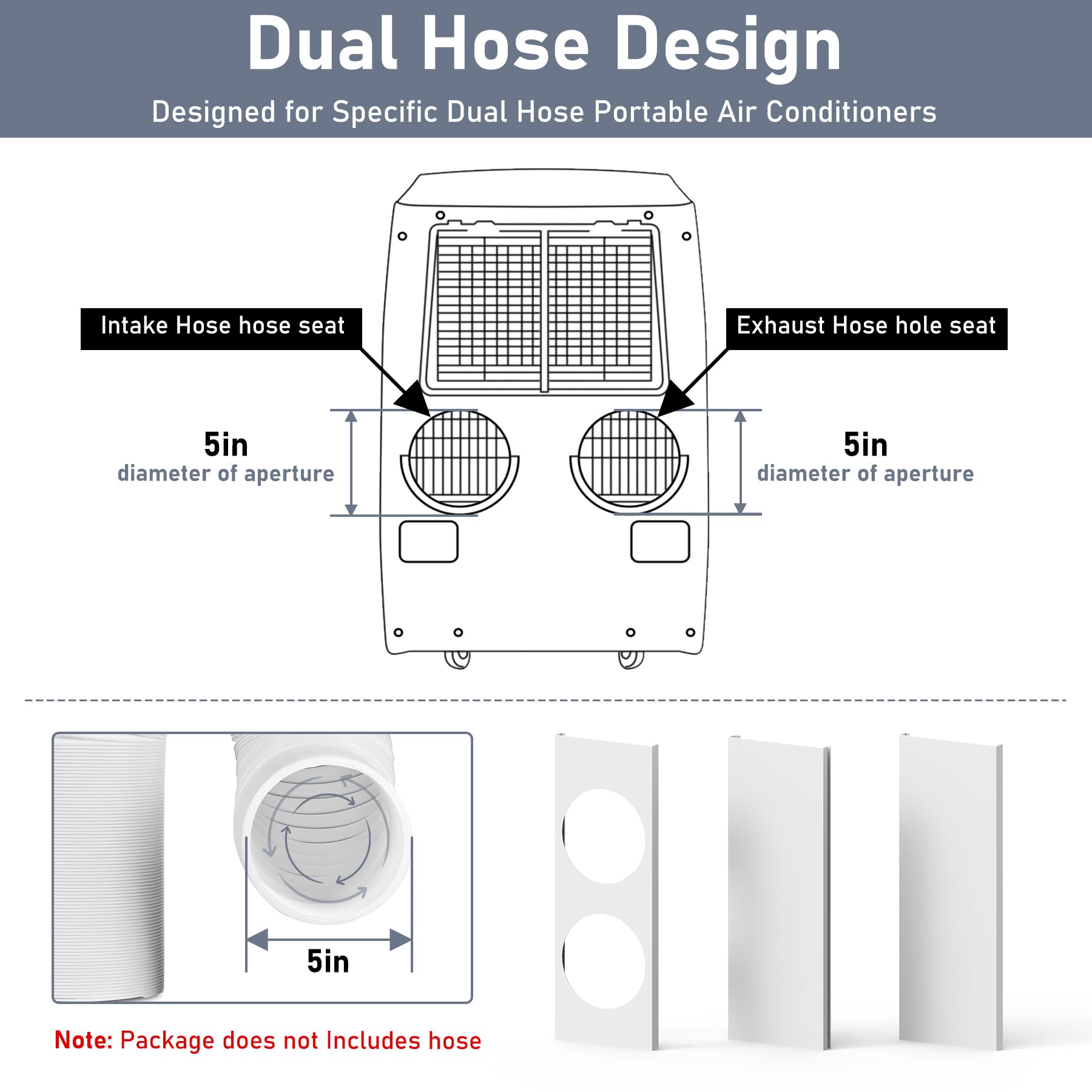 Flamorrow Dual Hose Portable Air Conditioner Window Kit, 5" Diameter Adjustable Window Seal Plates with Foam Seal Strip, Sliding AC Window Vent Kit for Exhaust Hose, White