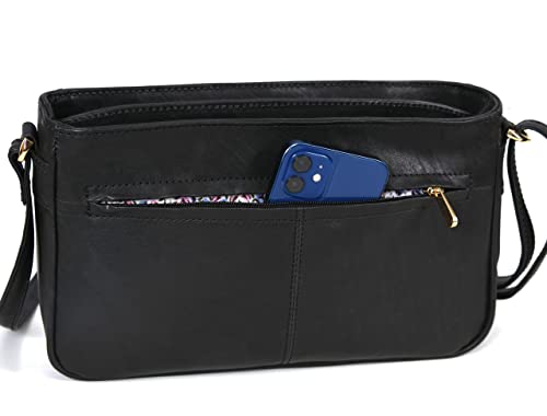 Double Zip Small Crossbody Bag Leather Shoulder Bag for Women Medium Lightweight Purse Top Zipper Multiple Pocket (Raven)