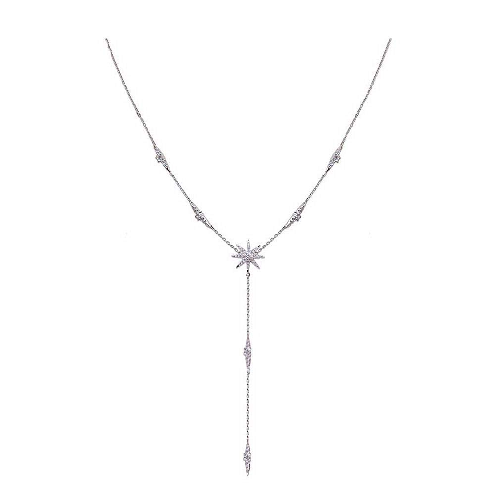 Crystal Star Drop Y Necklace for Women 925 Sterling Silver 14K White Gold Plated Charms CZ Diamond Snowflake Starlet Bar Pendant Lariat Chain Delicate Huggie Adjustable Shiny Jewelry Gift Box