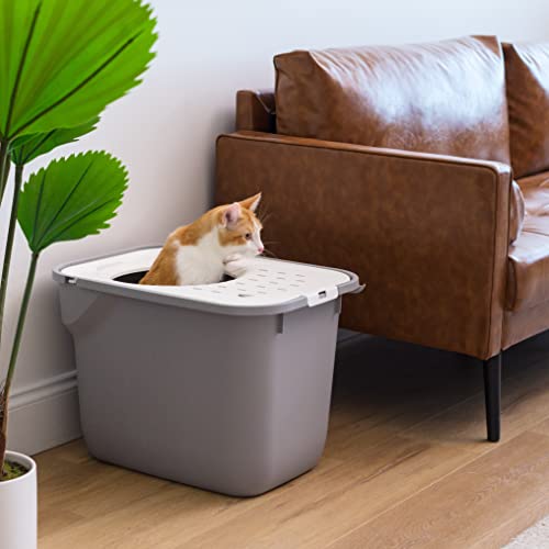IRIS USA Square Top Entry Cat Litter Box, Large Kitty Litter Tray with Litter Catching Lid Less Tracking Dog Proof and Privacy Walls, Gray/White
