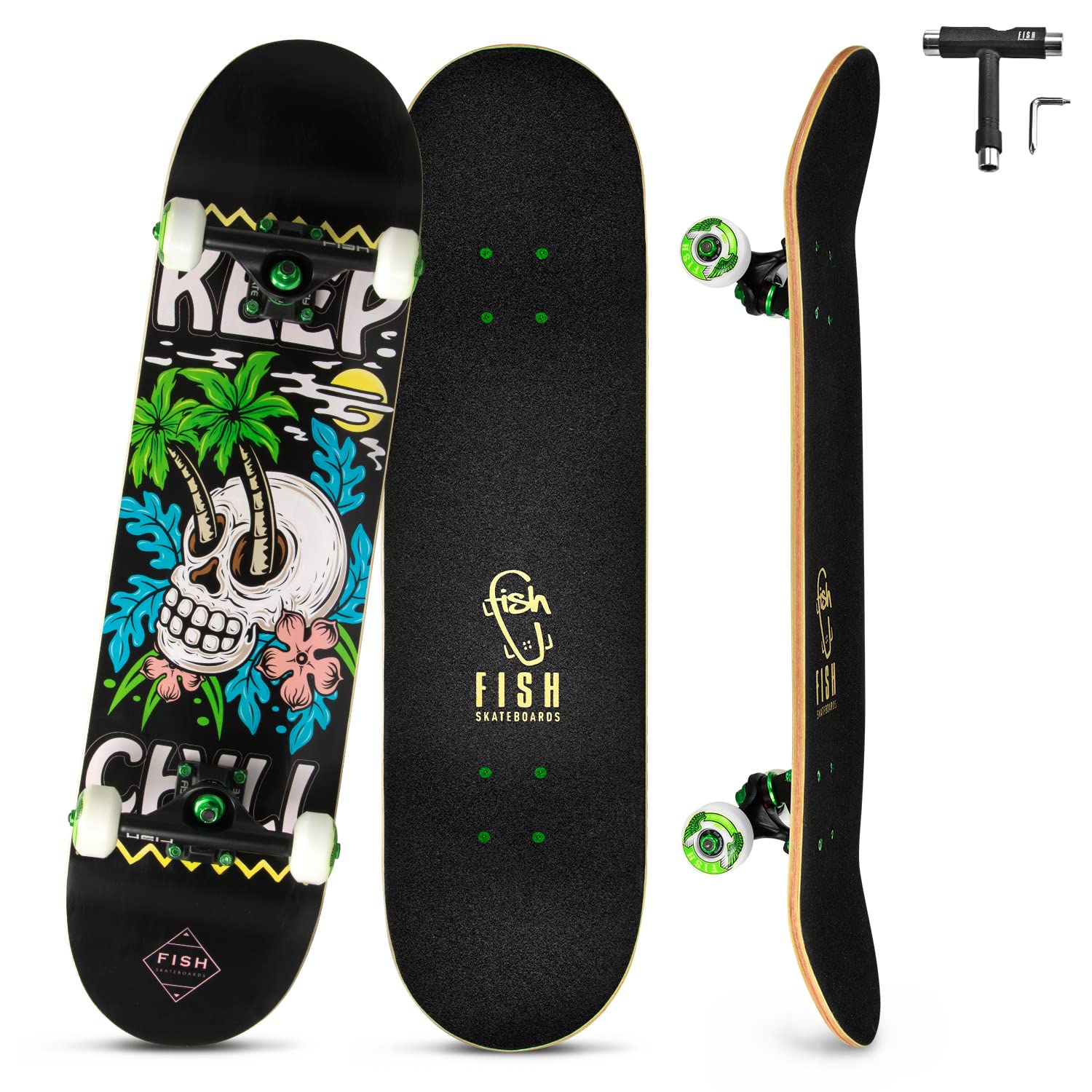 FISH SKATEBOARDS Standard Skateboard, Complete Skateboard 31''x 8'', 7 Layer Canadian Maple Double Kick Deck Concave Cruiser Trick Skateboards for Kids Boys Girls Youths Beginners.