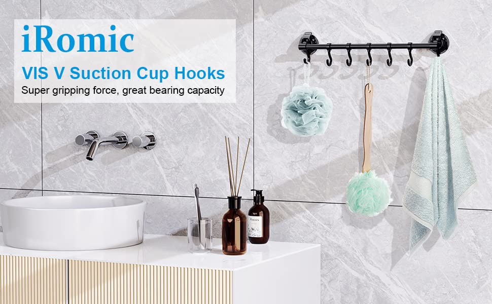 iRomic Suction Cup Hook Rack Bar Rail Hanger Shower Utensil Hook Hooks Organizer for Kitchen Utensils and Bathroom Accessories .,Black.