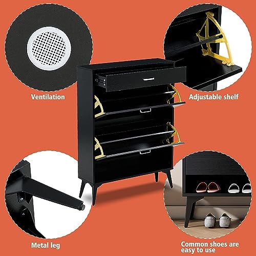 ME2 Shoe Cabinet for Entryway with 1 Slide Drawer & 2 Flip Drawers, Freestanding Shoe Rack Storage Organizer Cabinet(Black)