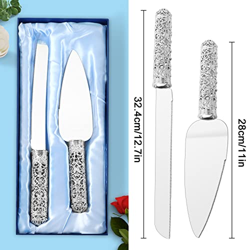 Jozen Gift Wedding Silver Cake Knife and Server Set - 2 Pcs Dessert Set Metal Handle with Crystal Stones Decoration for Wedding, Anniversary Party Birthday Banquets,Gifts for Bride and Groom