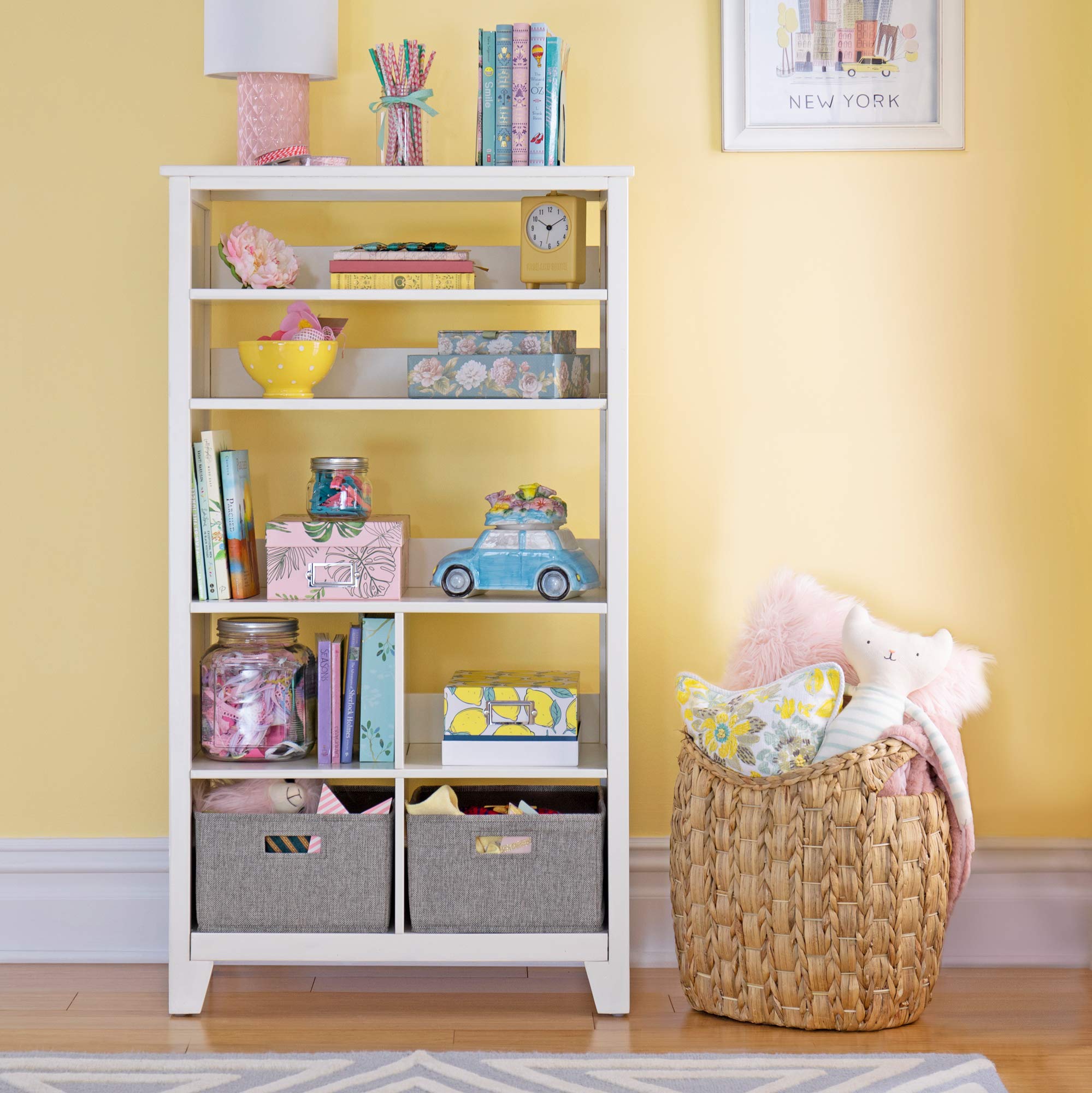 Martha Stewart Kids' Tall Bookcase - Creamy White: 48 Inch Wooden Storage Organizer Cubby with Fabric Bins for Playroom and Bedroom