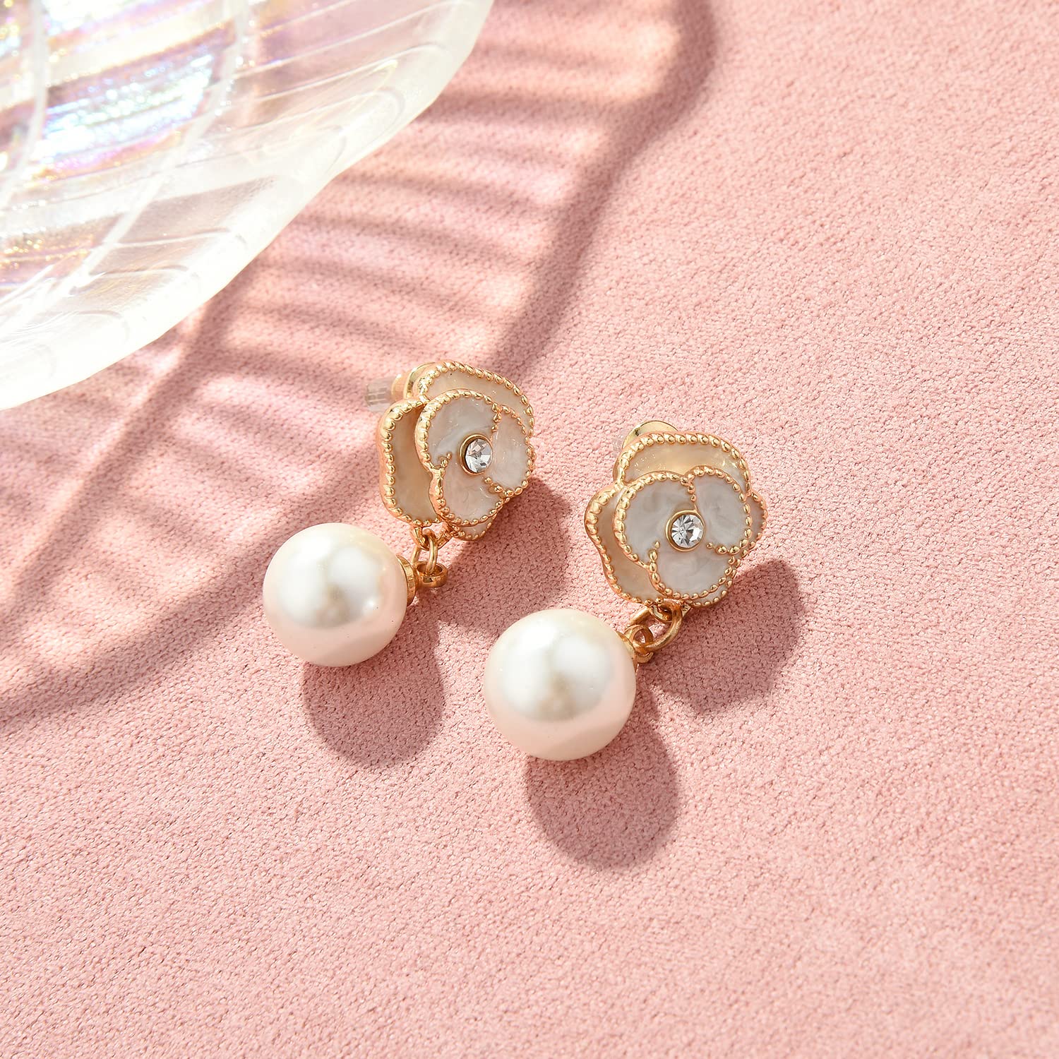 Designer Faux Imitation Pearl Floral charm Dangle Drop Fashion Earrings Studs (White)