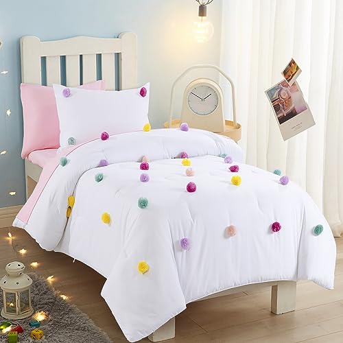 HOMBYS Pom Poms Bedding Comforter Set for Girls, 5 Piece White Pink Boho Kids Comforter Set for All Season,Full/Queen Size