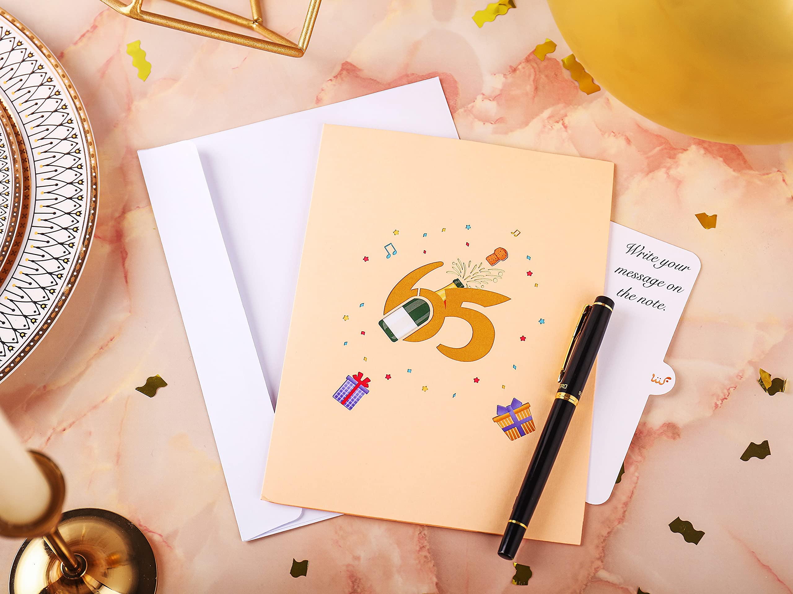Liif Happy 65Th Birthday 3D Greeting Pop Up Card, Happy Birthday Card For Women, Men, Funny, 65 Years Old, Balloon, Champagne, Celebration - With 65 Gold Glitter & Message Note
