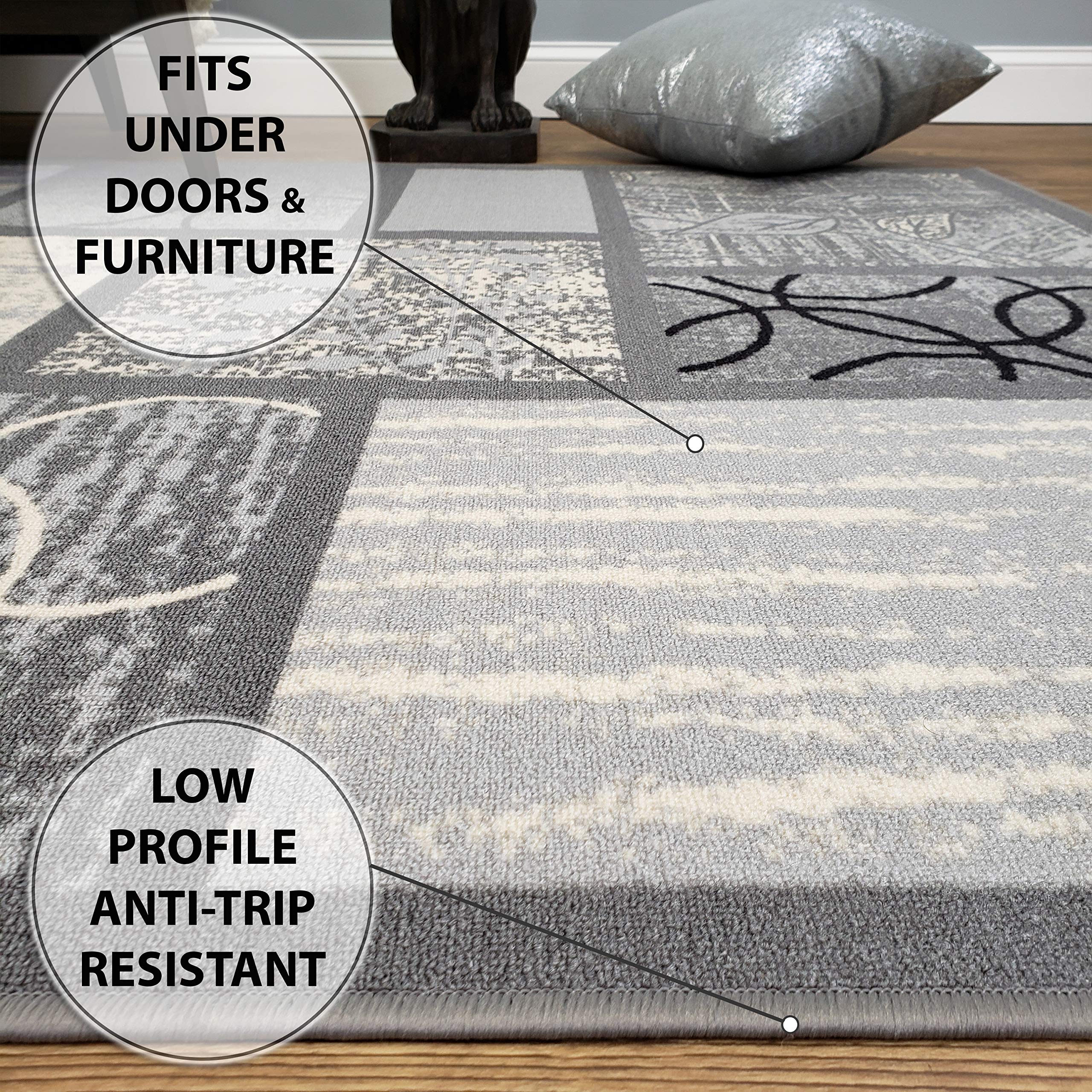 Indoor Doormat Rubber Backed,30 inch x 18 in, Grey Geometric, Non Slip, Kitchen Rugs and Mats