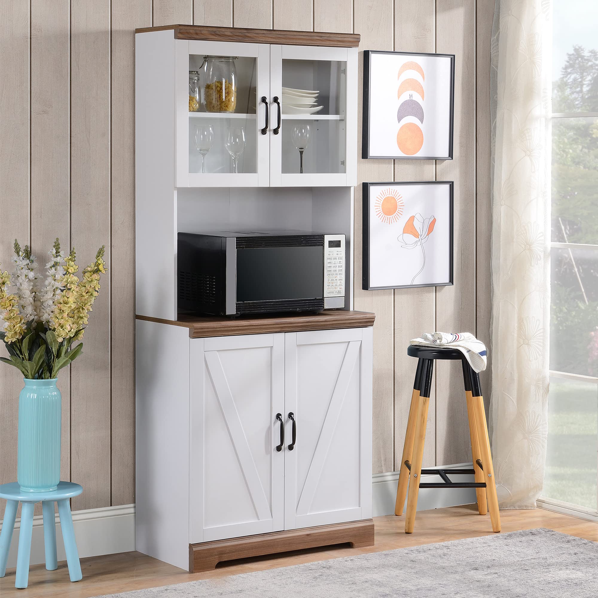 HOMCOM 70" Farmhouse Kitchen Buffet with Hutch, Kitchen Pantry Storage Cabinet with Glass Doors, Adjustable Shelves, Open Microwave Countertop, White