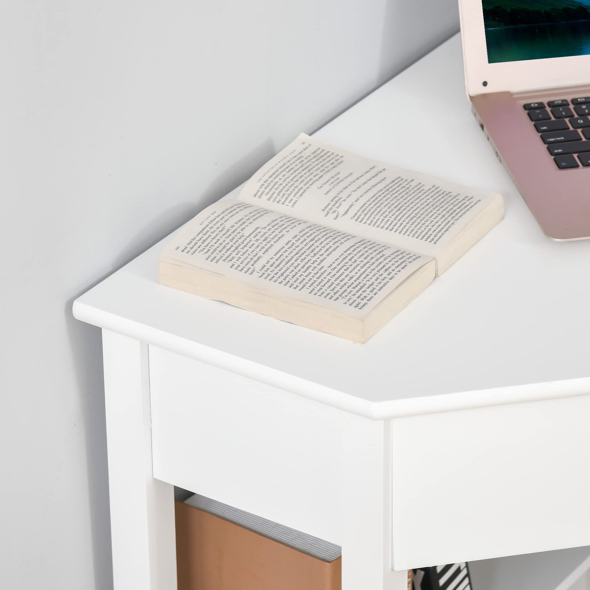 HOMCOM Corner Desk, Triangle Computer Desk with Drawer and Storage Shelves for Small Spaces, Home Office Workstation for Living Room, or Bedroom, White