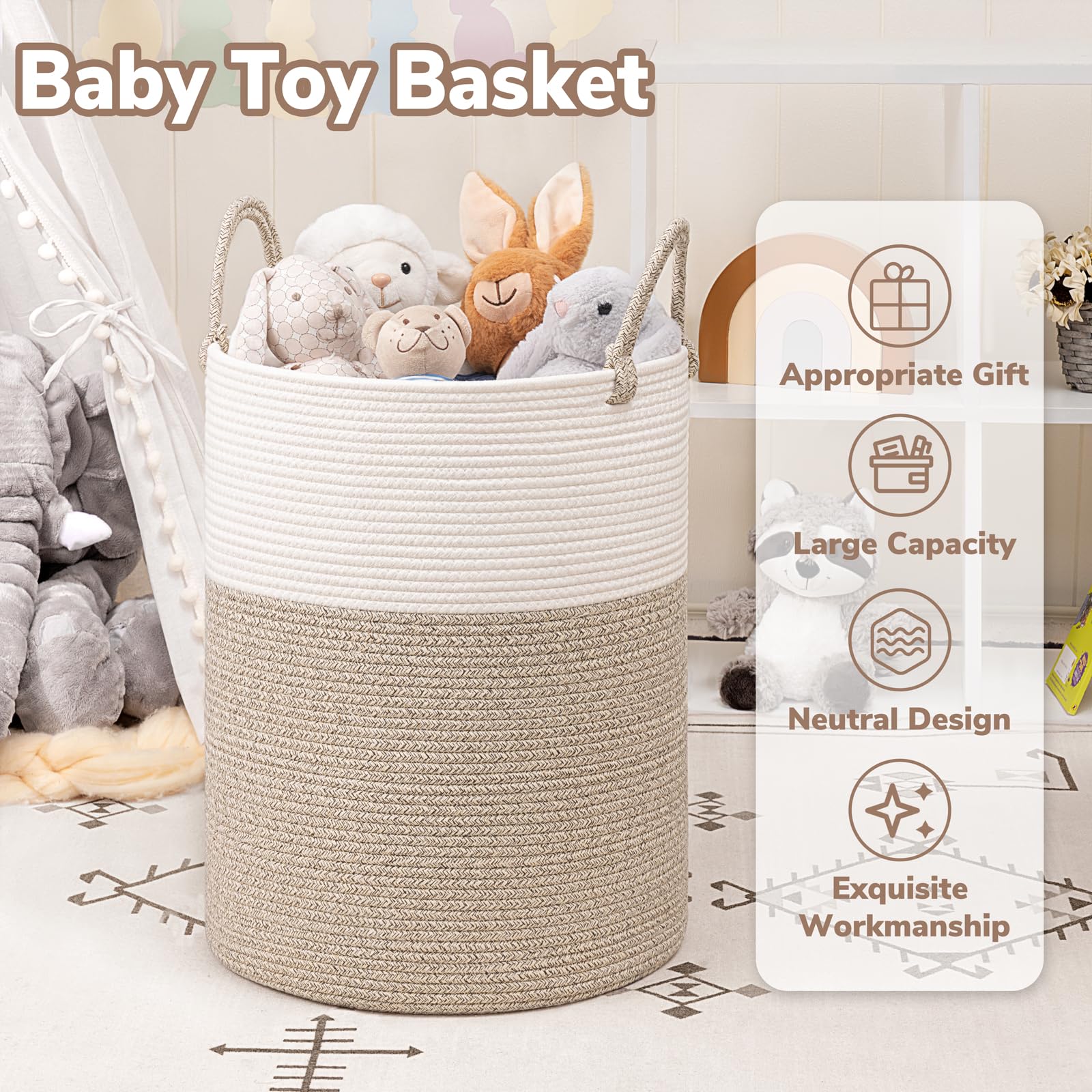 INDRESSME Large Laundry Hamper, Baby Laundry Hamper for Toys, Tall Woven Laundry Basket for Clothes, Blanket Storage Basket for Living Room, 19.7 x 13.8 inches, Light & Brown