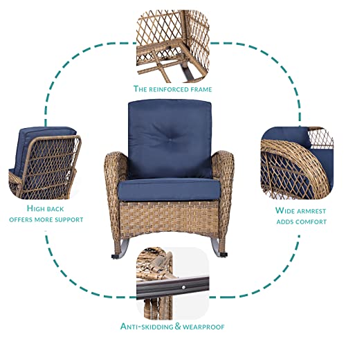 MEETWARM Outdoor Wicker Rocking Chair, Rattan Patio Rocker Chairs with Cushions and Steel Frame - Navy Blue
