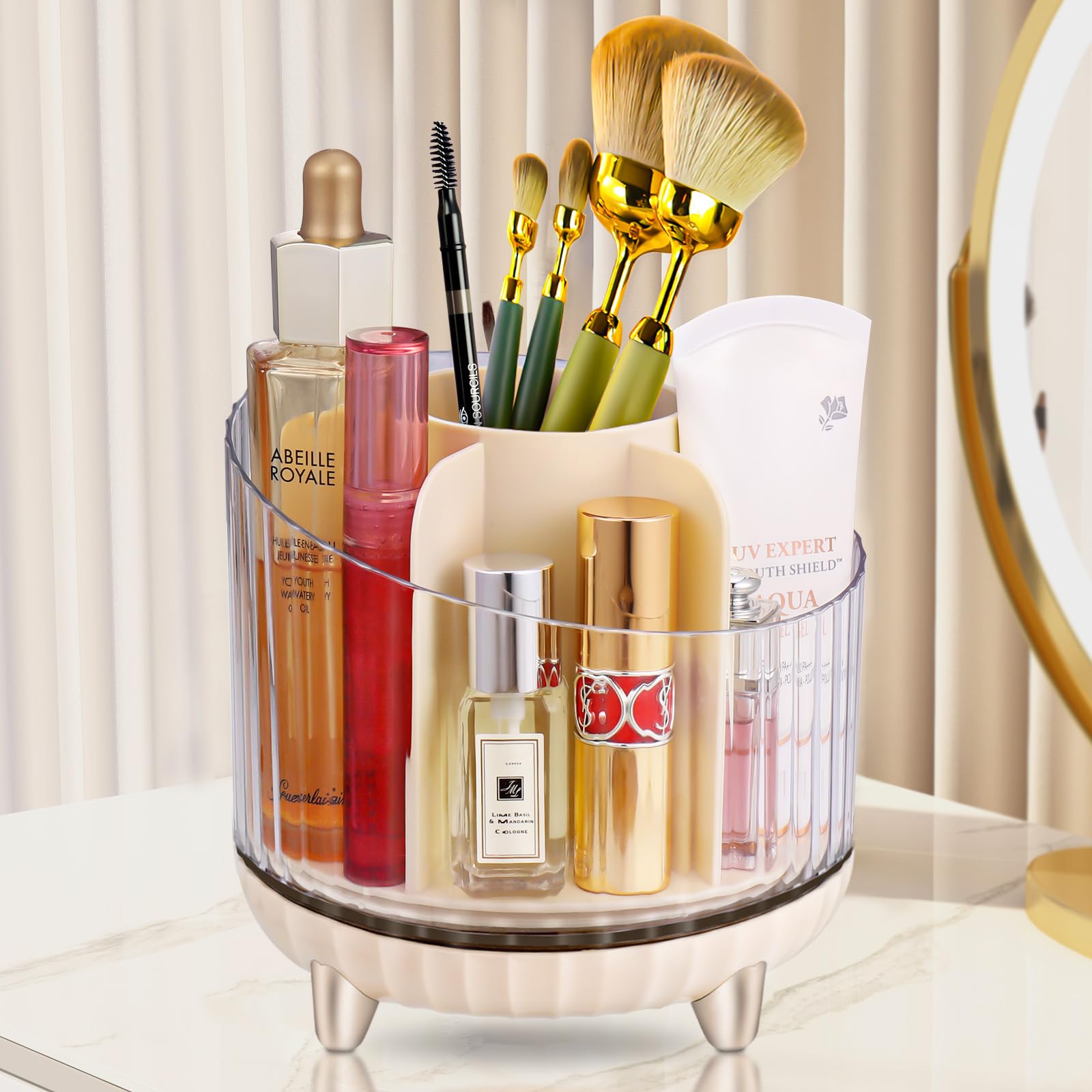 Makeup Brush Holder Organizer - 360 Rotating Make Up Organizer, Clear Spinning Cosmetic Storage Cup, Large Capacity Makeup Desk Organizer for Vanity Decor, Bathroom Countertops, Dresser Counter
