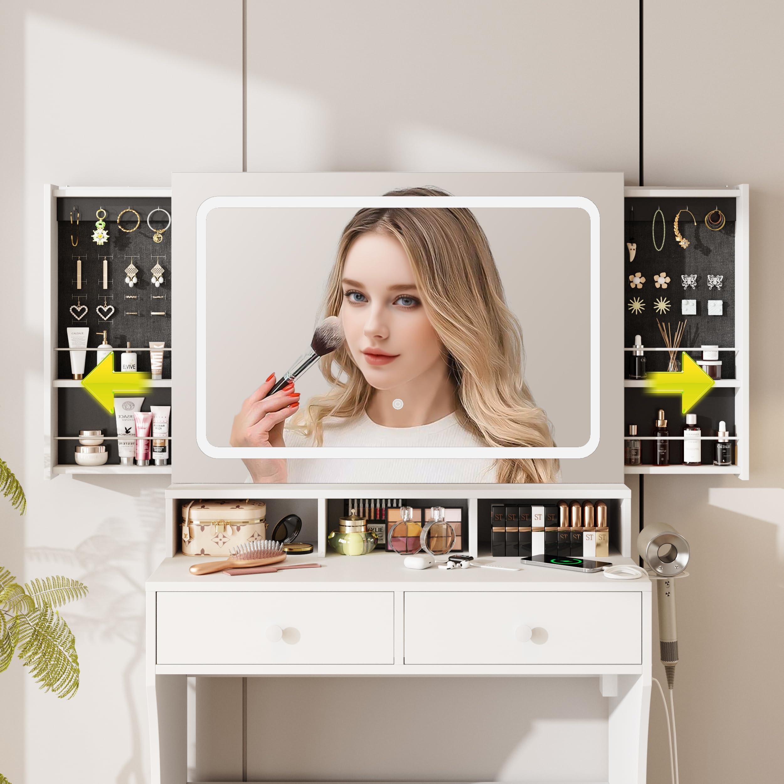 Makeup Desk with Mirror and Lights, White Dressing with Charging Station & Chair, Vanity Desk with Sliding Jewelry Storage Shelves&3 Lighting Modes, Vanity with 2 Large Drawers,Vanity for Women&Girls