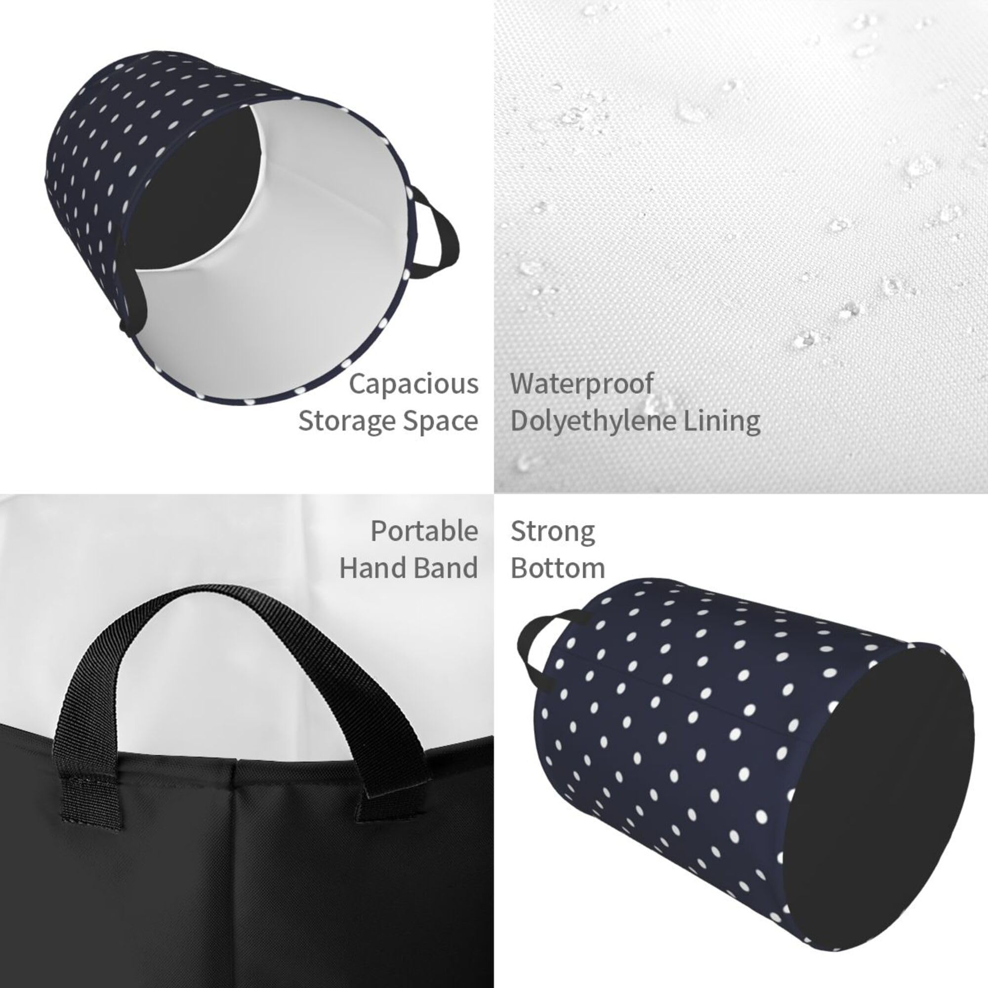 Large Laundry Hamper Bag, Collapsible Laundry Basket Navy Blue Polka Dot Dirty Clothes Storage Washing Bin for Bathroom, Dorm Essentials
