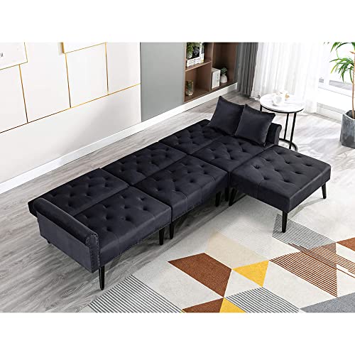 ivinta Convertible Velvet Sofa Couch, Sectional Sofa with Ottoman, Mid-Century Upholstered Comfy Sofa Bed, Queen Sleeper Sofa for 4-Seater, Modular Sofa for Living Room (Black)
