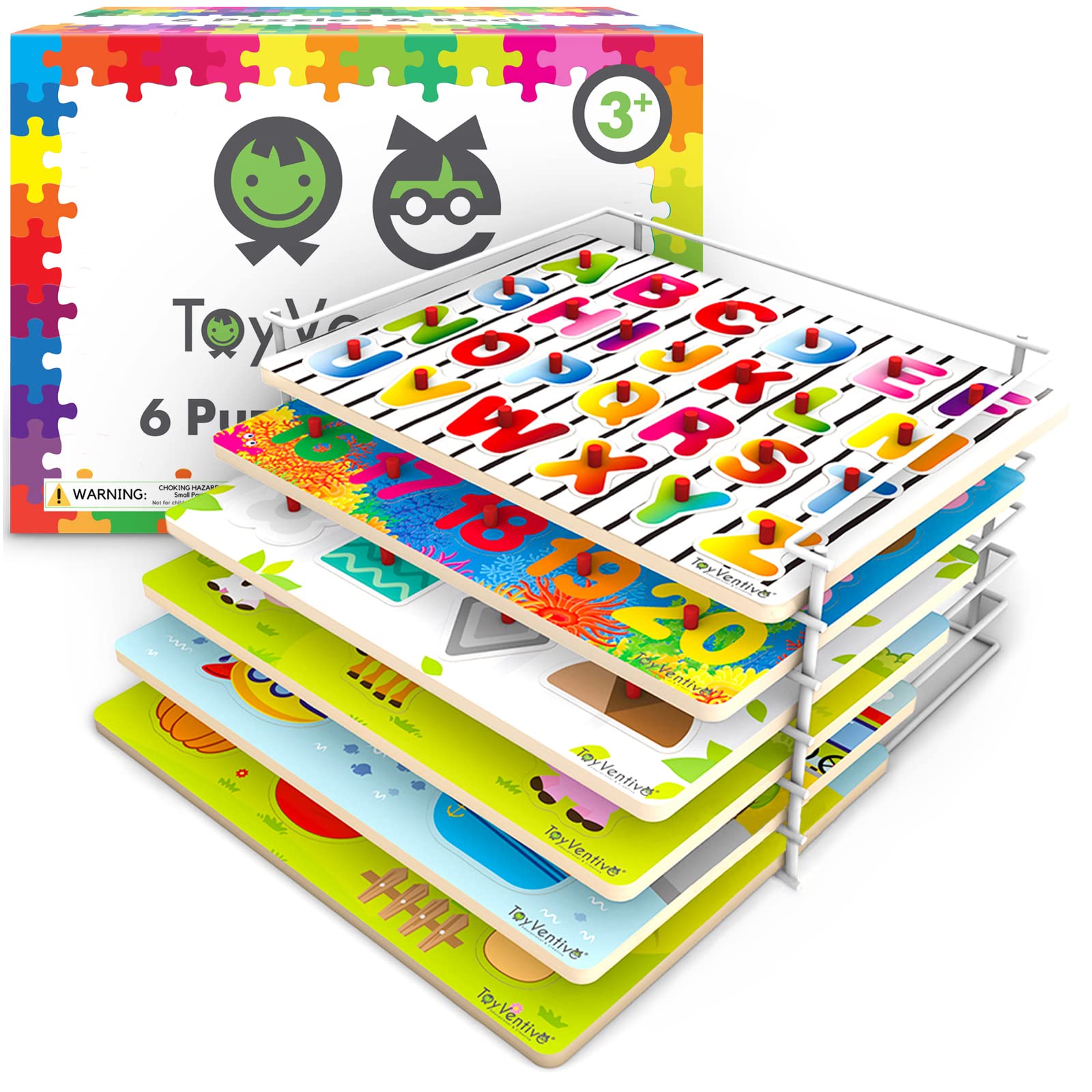 TOYVENTIVE Wooden Peg Puzzles for Toddlers β 6 Pack with Wire Puzzle Holder Rack for Kids, Learning Preschool Wood Knob Puzzle Toys for Boys and Girls - Alphabet Number Animal Vehicle Shape Fruit