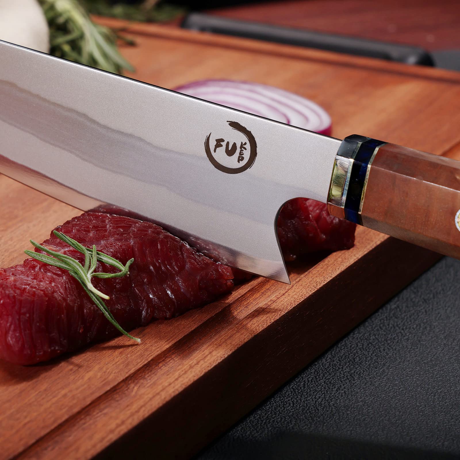 Fukep Japanese Chef Knife, Chef Knife 8 Inch - Carbon Steel 440c with Attractive Blue Resin Handle, Super High Cost-Performance Kiritsuke Knife with Sheath