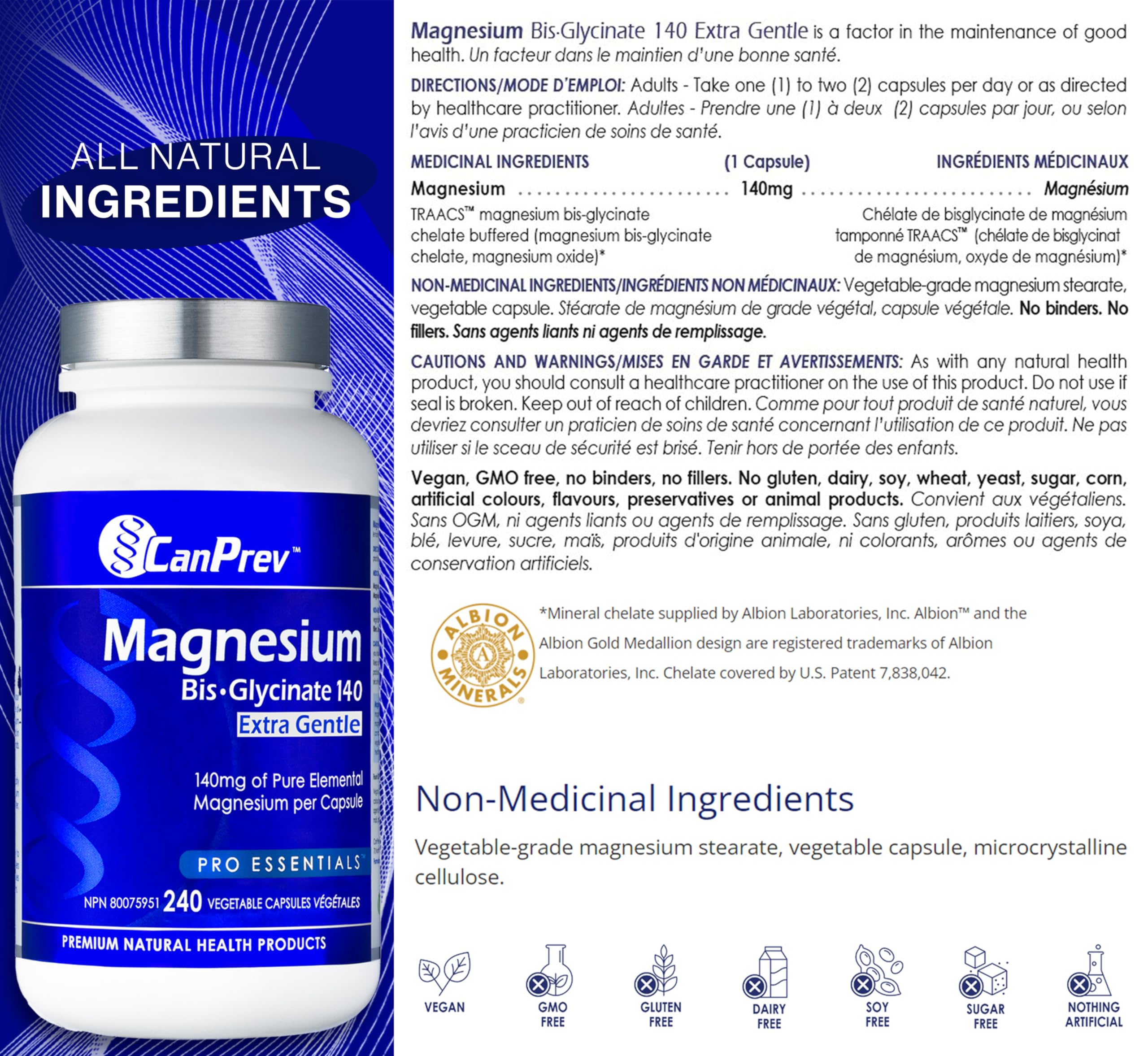 CanPrev Magnesium Bis-Glycinate 140 Extra Gentle Vegi Capsules, 120 Count