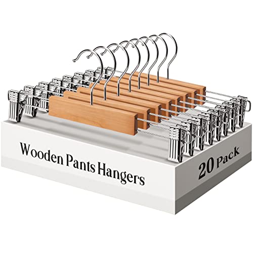 Ulimart Pants Hangers 20Pcs Skirt Hangers for Everyday Use,Wooden Pant Hangers for Adult for Kids,Pants Hangers with Clips Non-Slip,Anti-Rust Hook（Natural