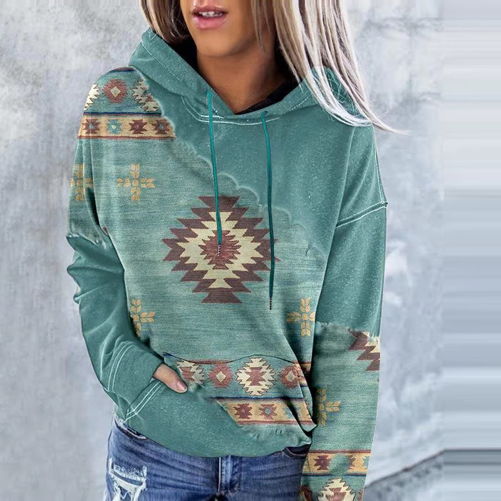 fartey Aztec Hoodie for Women Western Ethnic Style Printed Casual Drawstring Sweatshirts Geometric Loose Fit Pullover Tops, 02 Green