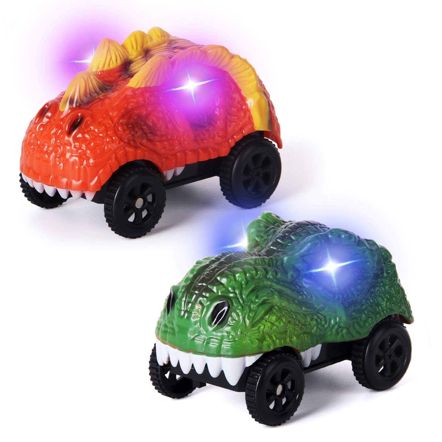 Track Car Replacement Only,LED Light Up Dinosaur Cars Compatible with Most Tracks,Dino Cars Accessories for Race Track Sets(2 Pack)