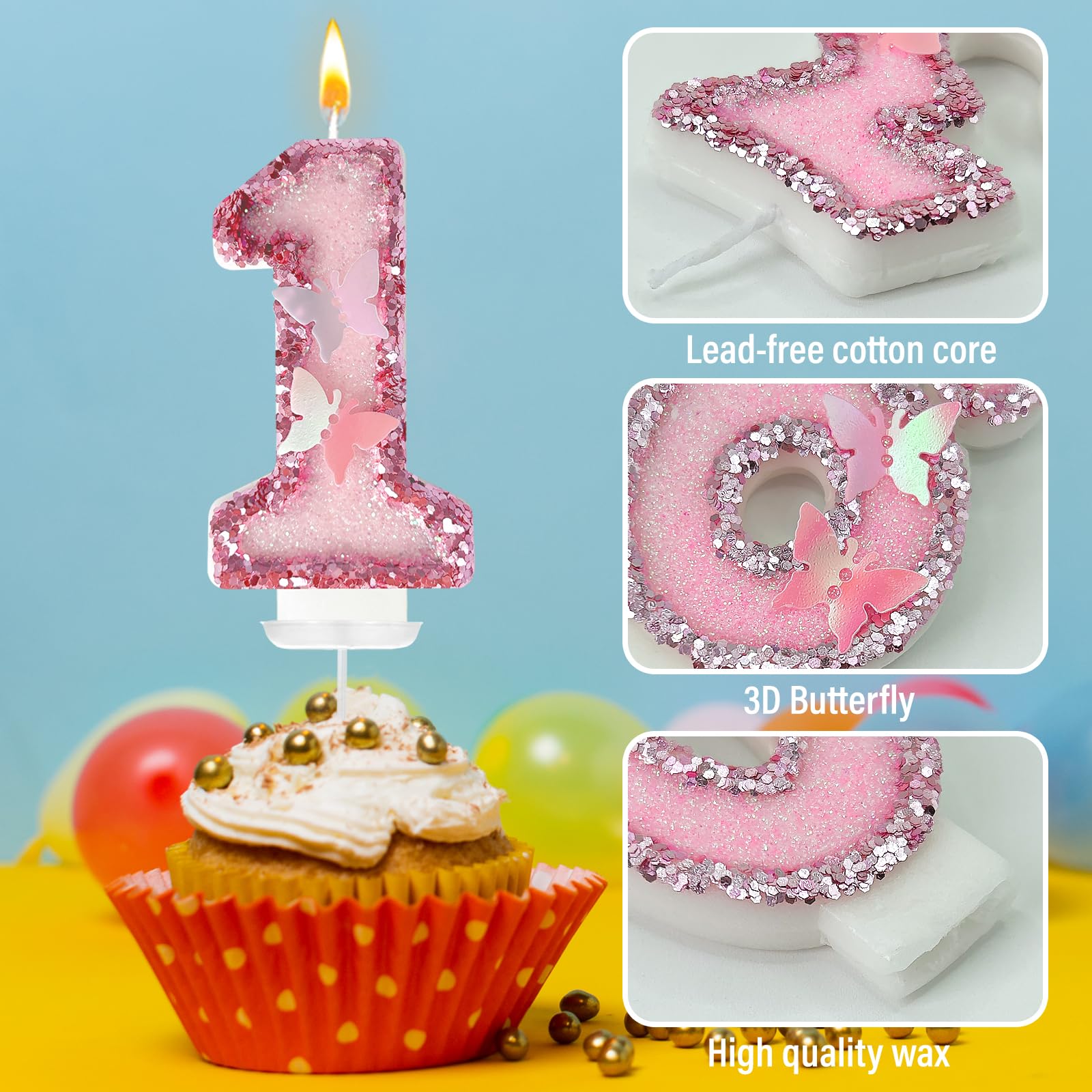JonesLi 1th Birthday Candles,Glitter Butterfly Cake Toppers Pink Sequins Wedding Numeral Cupcake Decorations,Suitable for Girl and boy Wedding Cakes, Party Celebrations, Birthday Decorations