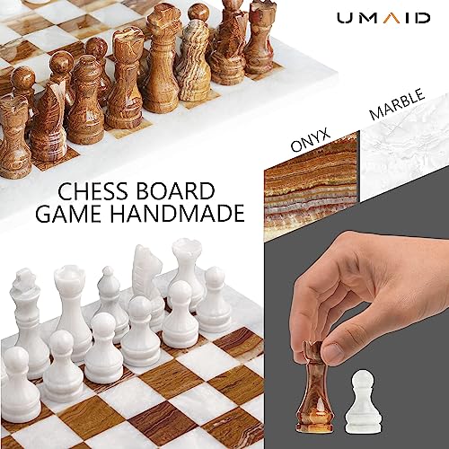 UMAID Handmade Marble Chess Set Board Game with Luxury Velvet Gift Box, 14β White & Brown Elegant Onyx Marble Chess Board, Unique Chess Sets for Adults and Modern Marble Home Decor