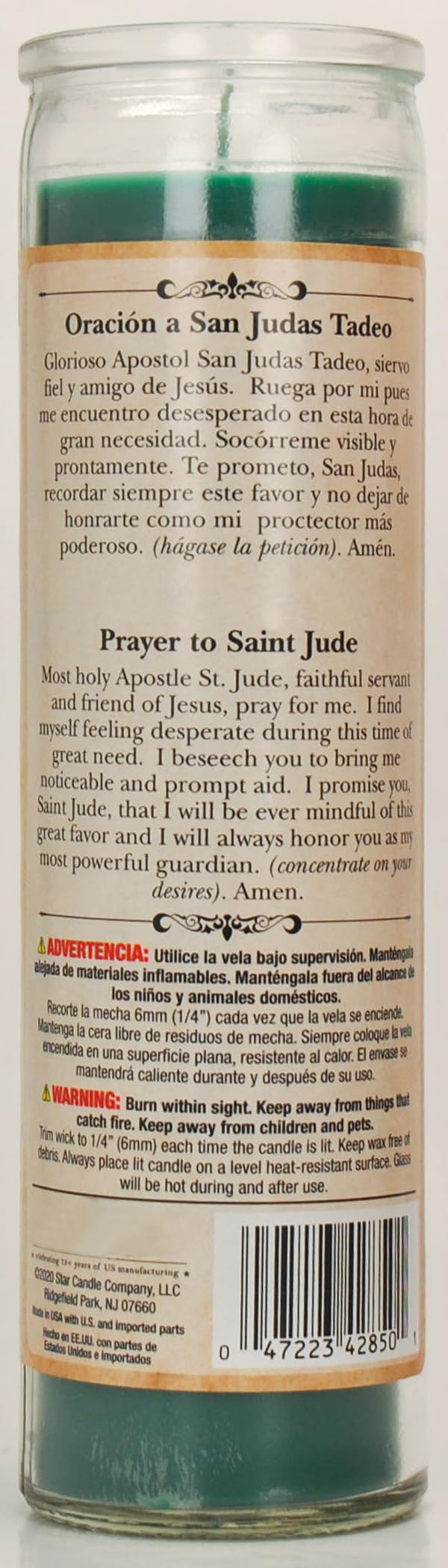 Generic Saint Jude (San Judas Tadeo) Green Devotional Prayer Candle