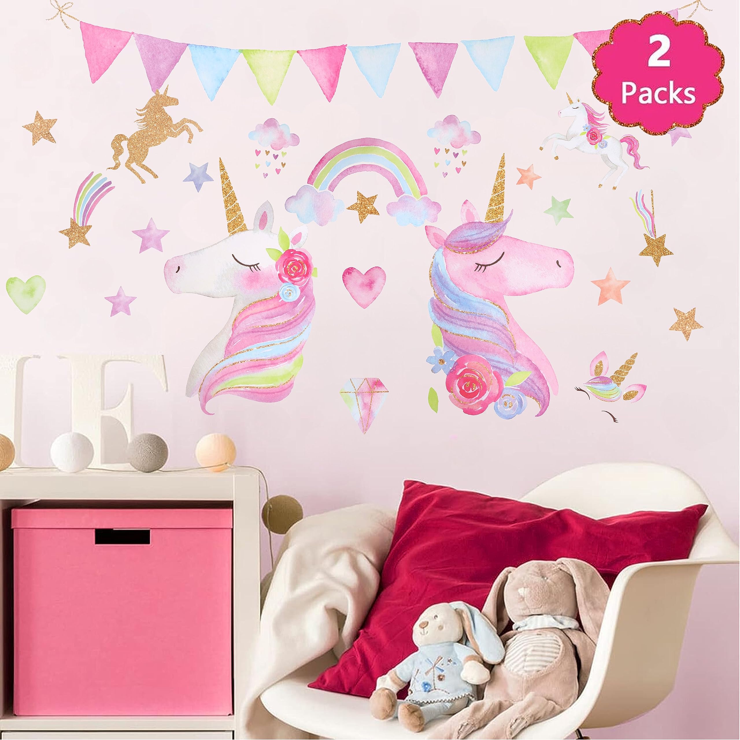 Large Unicorn Wall Decal - 2 Sheets, Vibrant Colors, Easy to Apply and Reposition, Reusable Stickers for Kids Room Decor