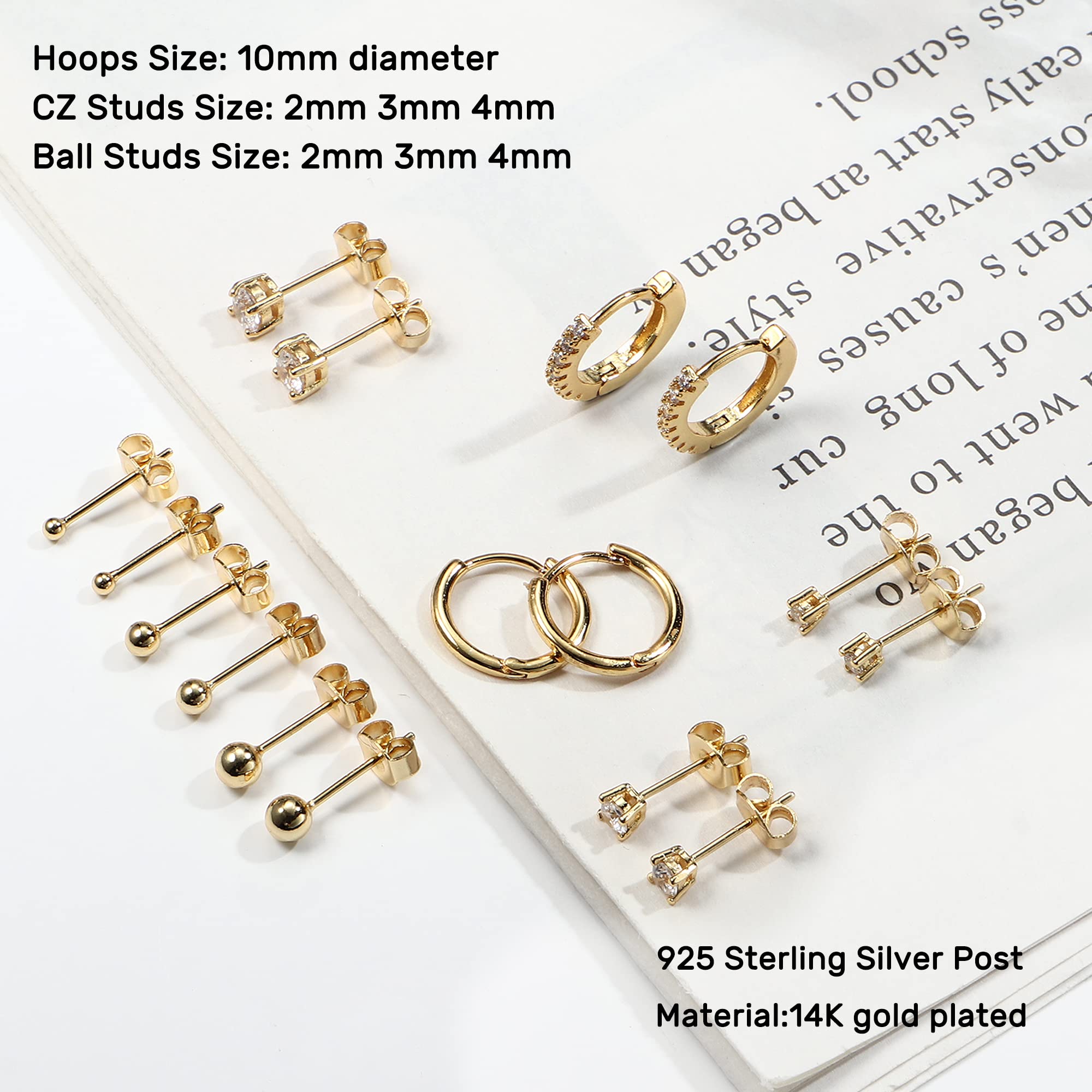 FASACCO 14K Gold Stud Earrings Set Sterling Silver Hypoallergenic Gold Earrings for Multiple Piercing Earrings Studs Set