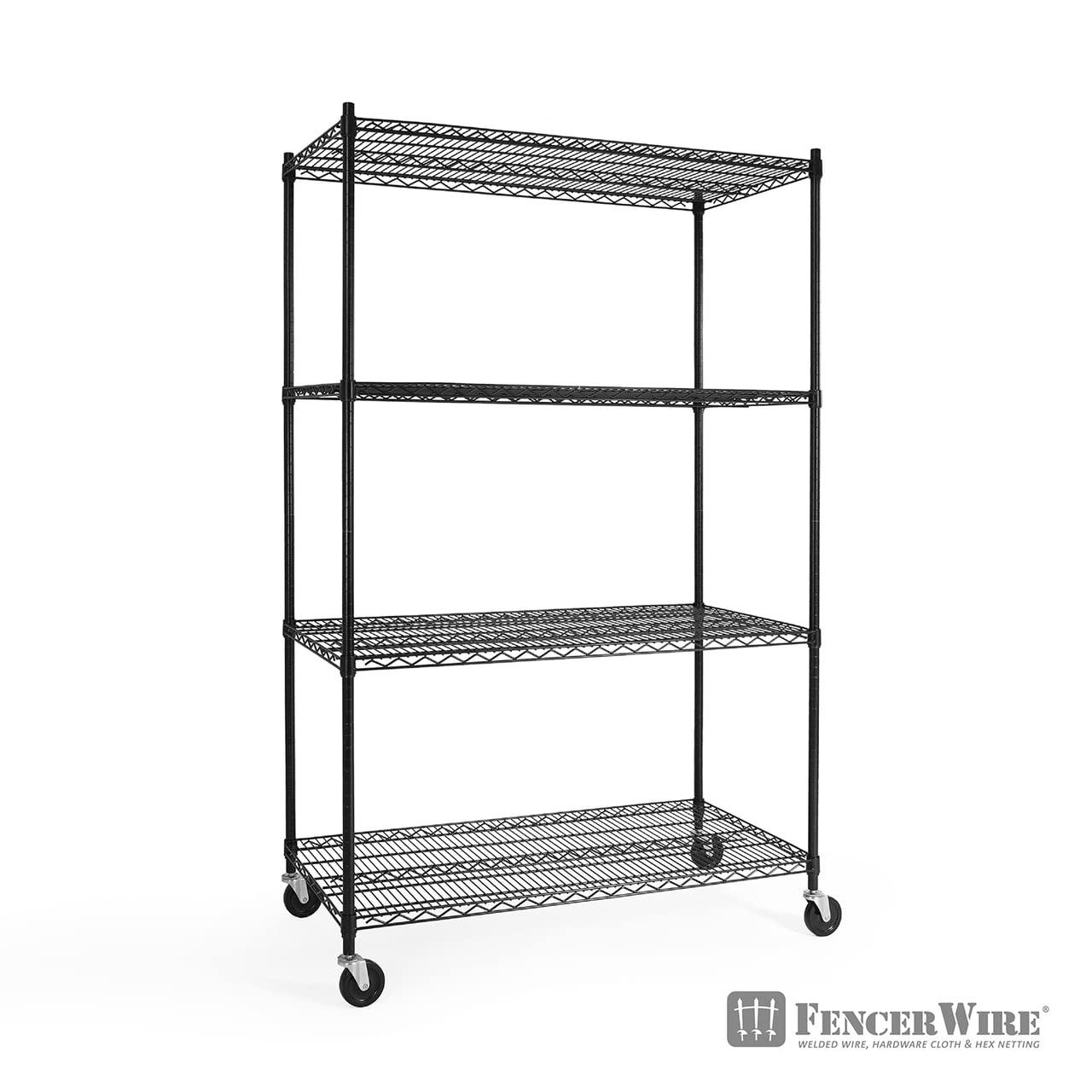 Fencer Wire 4-Tier Commercial Grade Heavy Duty Adjustable Height Wire Shelving w/Casters & Leveling Feet, Garage Shelving Storage Organizer, Storage Metal Steel Shelf, Utility Storage Shelf, Black.
