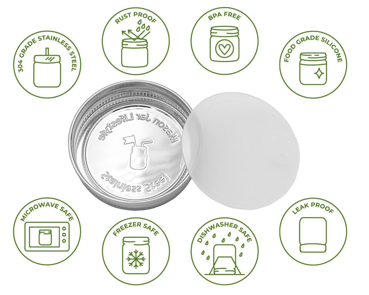 Mason Jar Lifestyle 5 Pack Stainless Steel Storage Lids with Platinum Silicone Liners for Wide Mouth Jars β Heavy Duty Caps for Mason Jars β Airtight & Leak-Proof Design