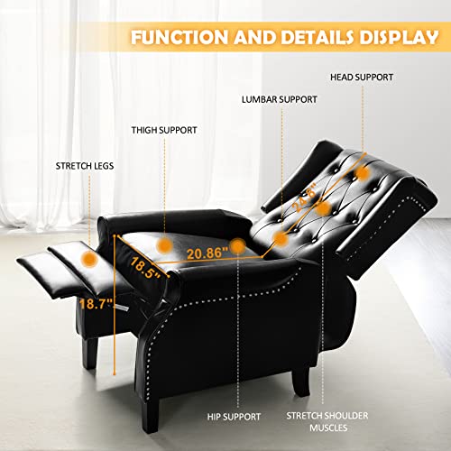 LEISLAND Leather Recliners for Small Space, Tufted Arm Chair Sofa, Leather Accent Chair for Reading, Living Room and Bedroom (Black)