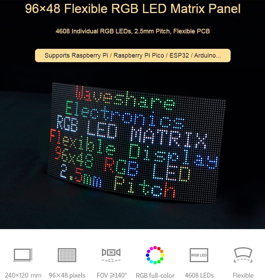 Flexible RGBFull Color LED Matrix Panel 96x48 Pixels, 2.5mm Pitch, 4608 Individual RGB LEDs, Adjustable Brightness and Bendable PCB,Compatible with Raspberry Pi / Raspberry Pi Pico / ESP32 / Ardu