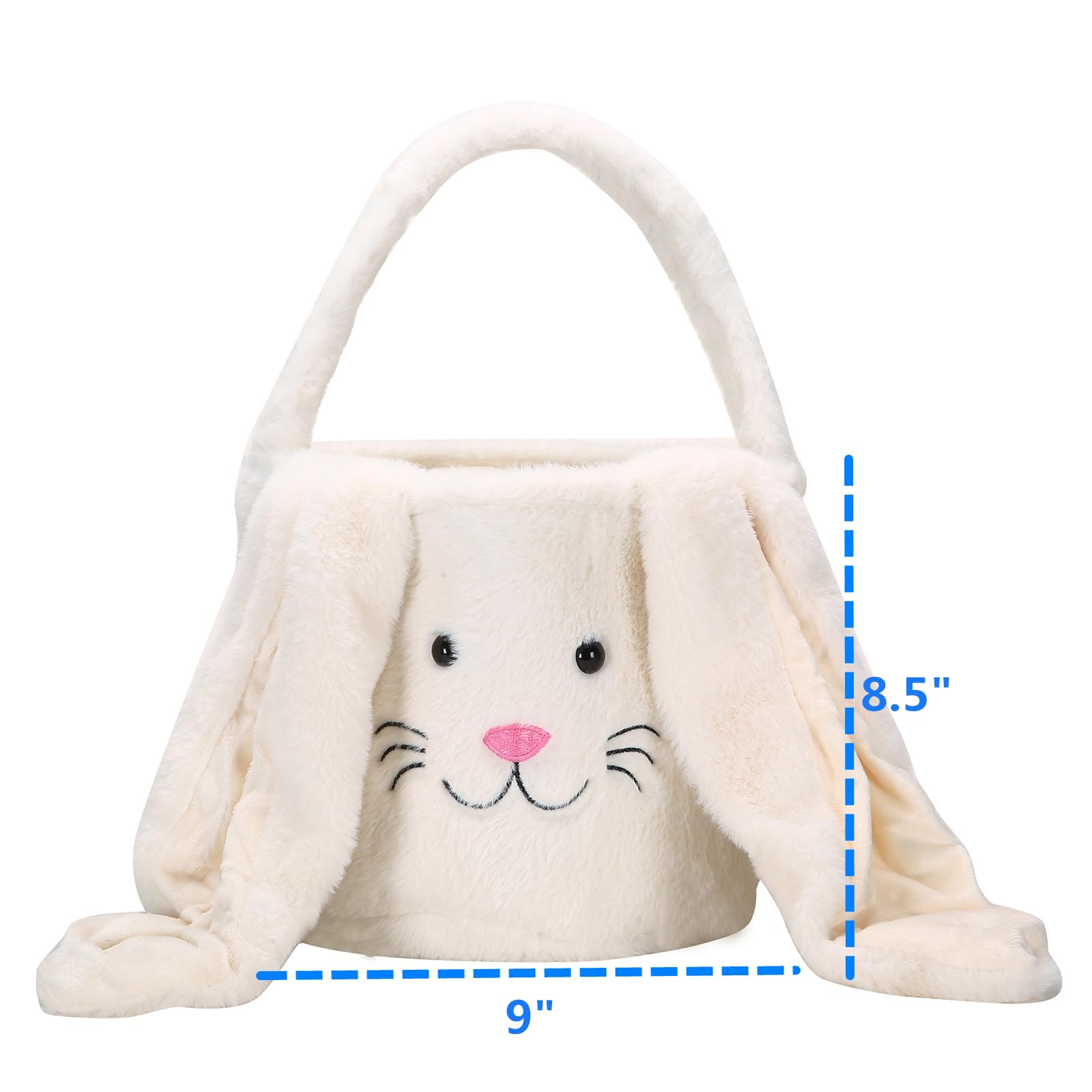 E-FirstFeeling Plush Easter Bunny Basket Easter Basket for Kids Easter Egg Hunt Basket with Ears Bunny Bucket Tote for Easter Eggs Candy (Plush-White)