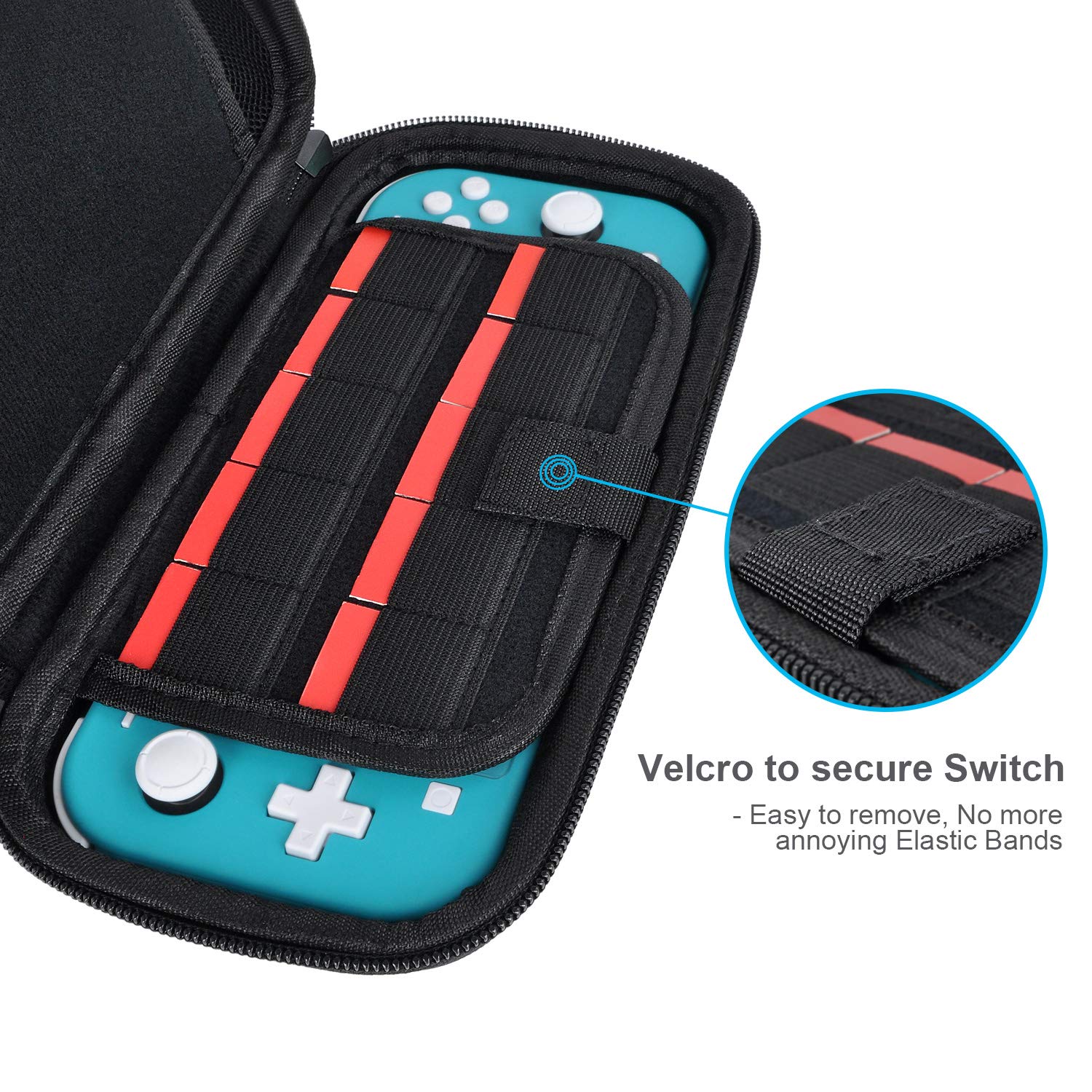 Daydayup Switch Case Compatible with Nintendo Switch Lite with 2 Pack Screen Protector & 6 Pcs Thumb Grip, 20 Game Cartridges Hard Shell Travel Carrying Switch Lite Console & Accessories, Black