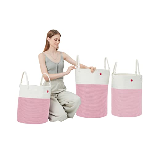 MeloMin NatureMe (50L) Cotton Rope Woven Laundry Basket (6 Colors) - 17β x15β - Home Storage Hamper Bin for Blankets, Comforters, Towels, and Toys (Pink)
