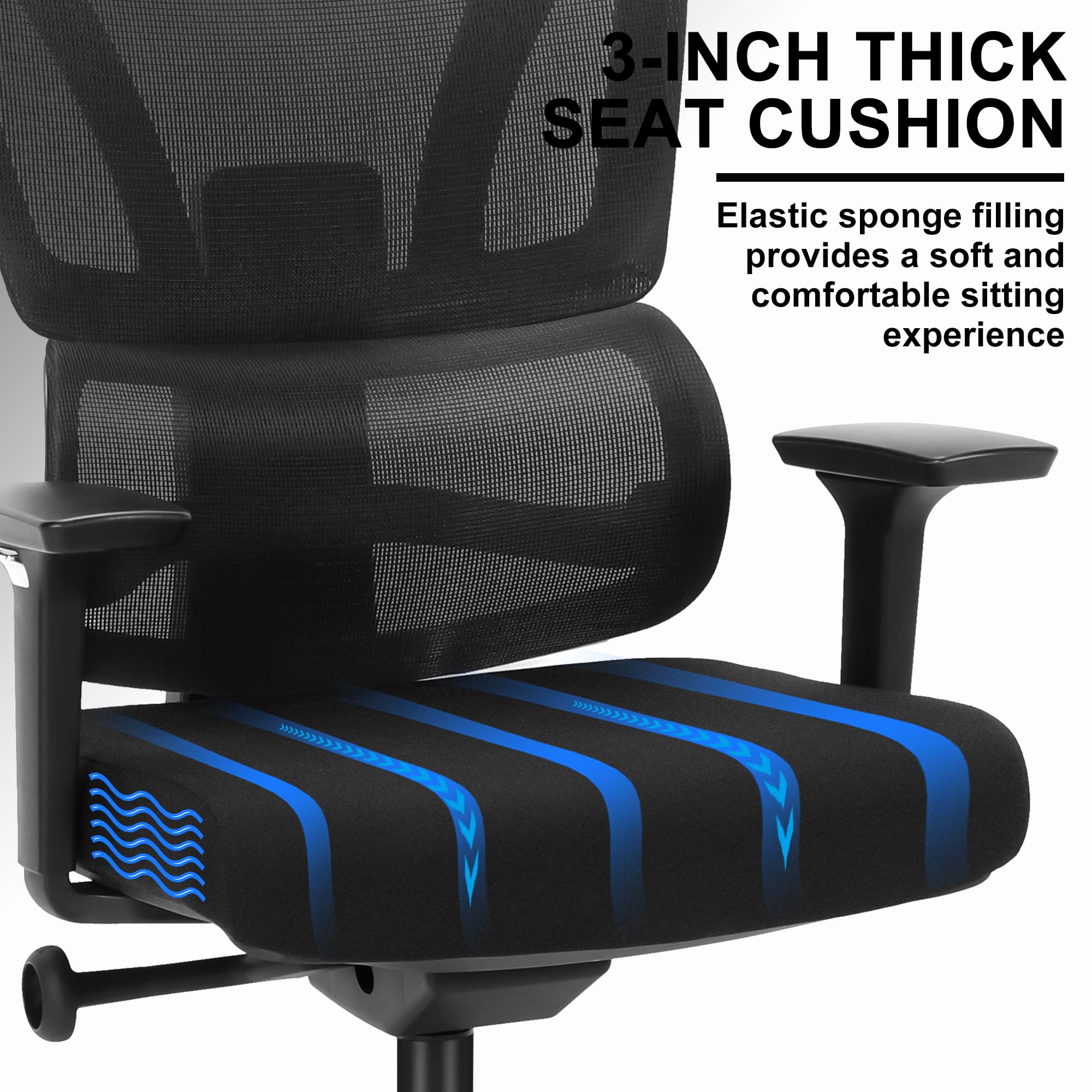 HUAUR C19 Ergonomic Mesh Office Chair with Adjustable Height Lumbar Support,3D Armrest & Headrest,Tilt Function,Blade Wheel for High Back Desk Chair,Swivel Big and Tall Computer Chair (Black)