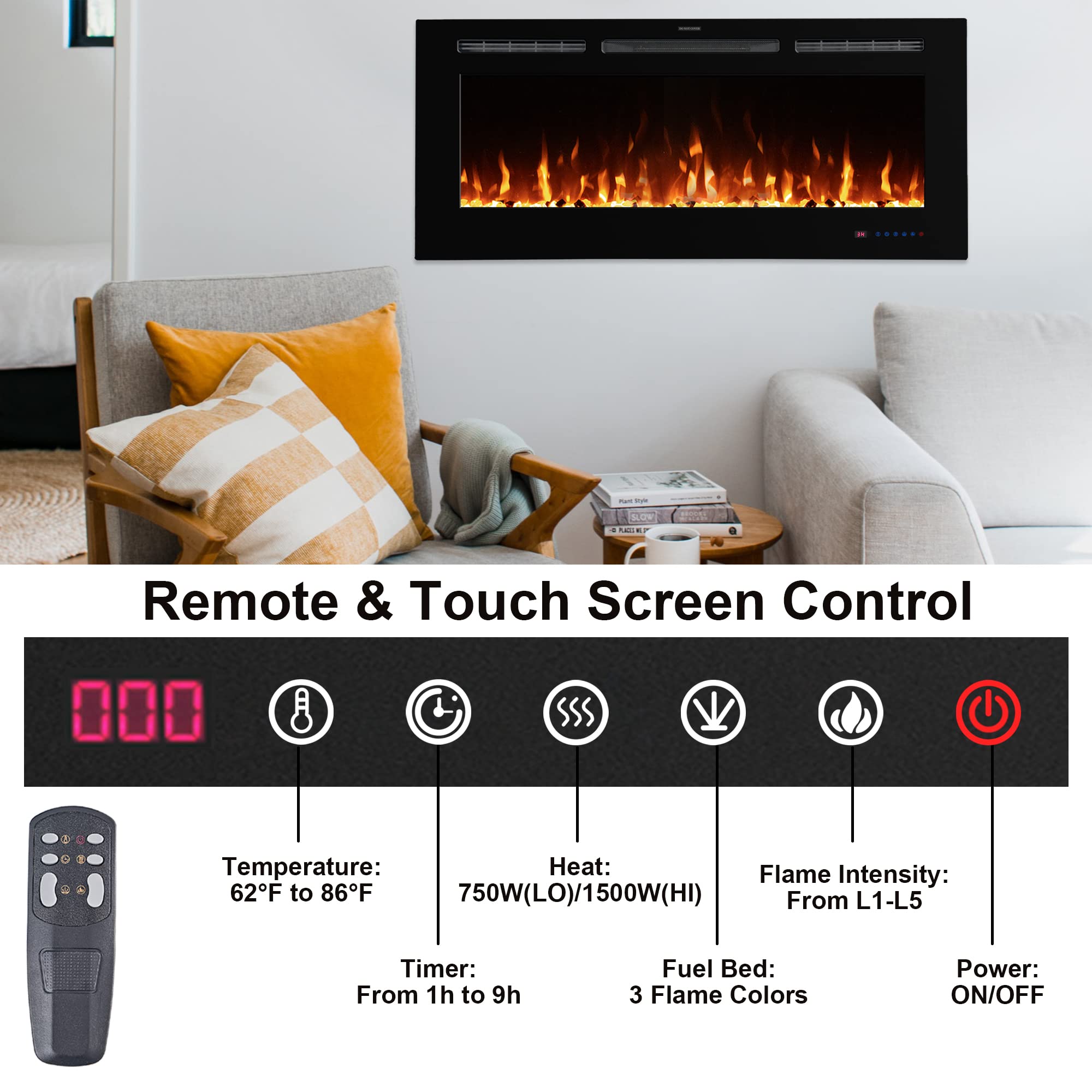 Dreamflame 60 inch Electric Fireplace, in Wall Fireplace Electric Heater,Remote & Touch Screen,Logs/Crystal Options, Thermostat,Overheating Protection, 0-9H Timer